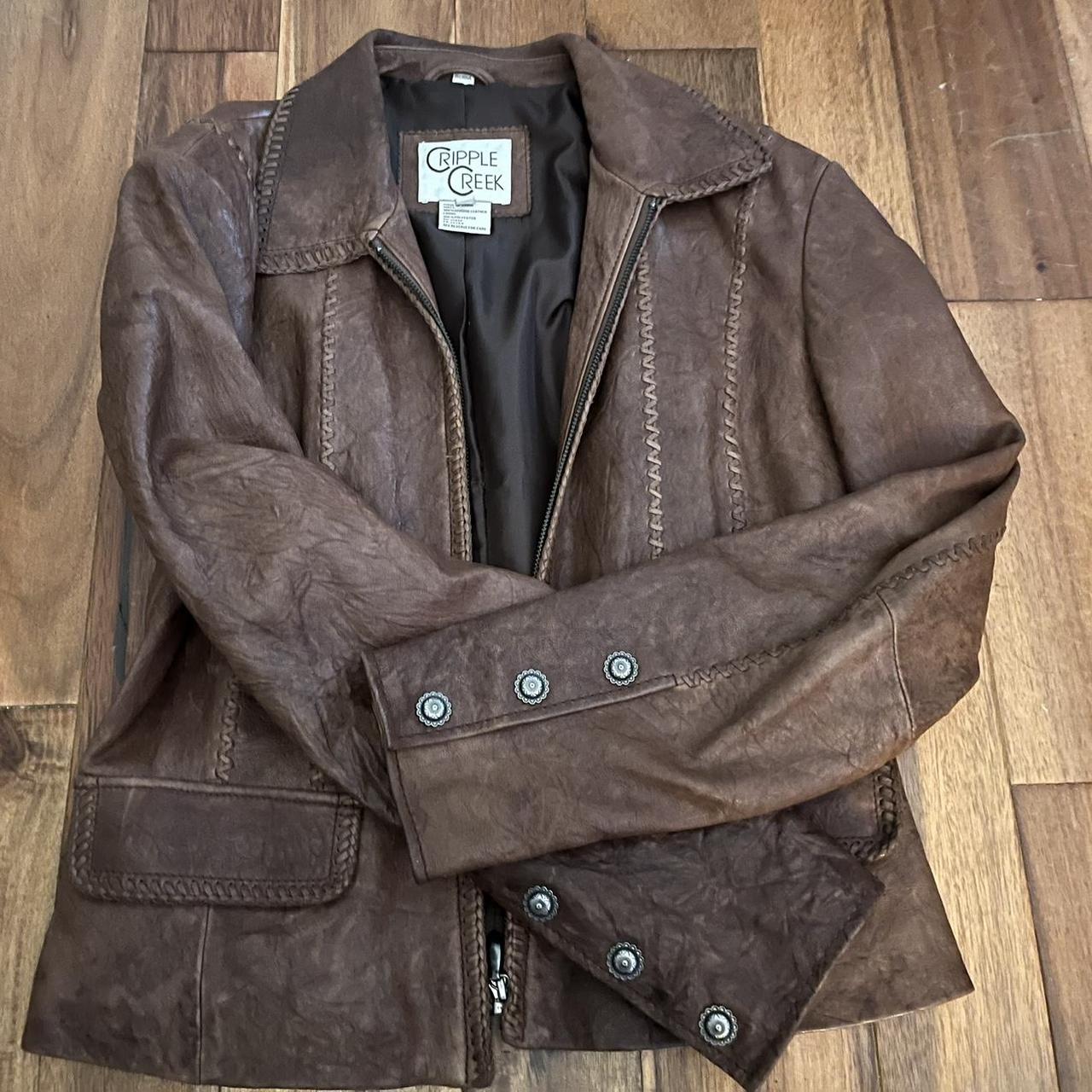 Medium brown leather jacket, worn only... - Depop