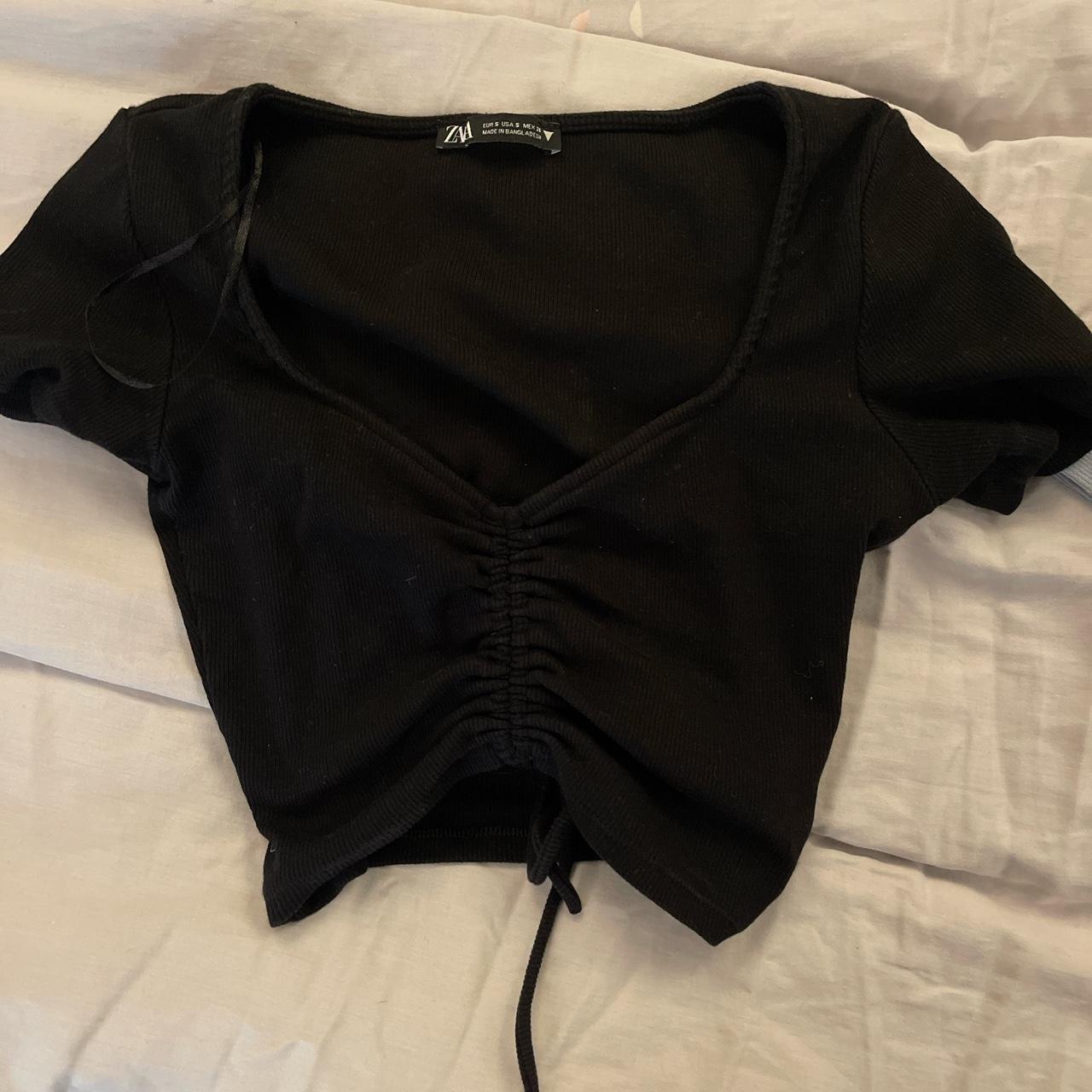 zara black crop top long jaw strings but can be cut... - Depop