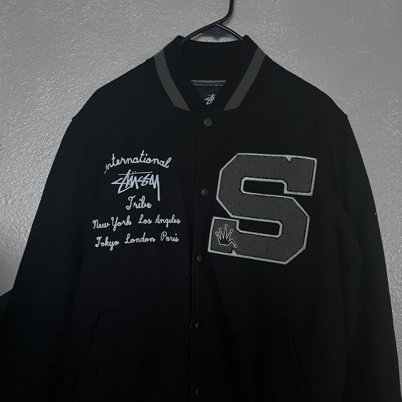 Stussy black and grey varsity jacket I seen this... - Depop