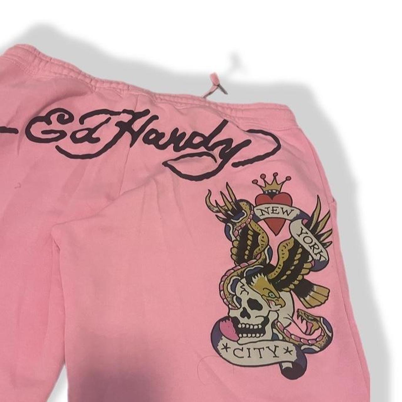 Pink Ed Hardy low-rise flare sweatpants - worn... | Depop
