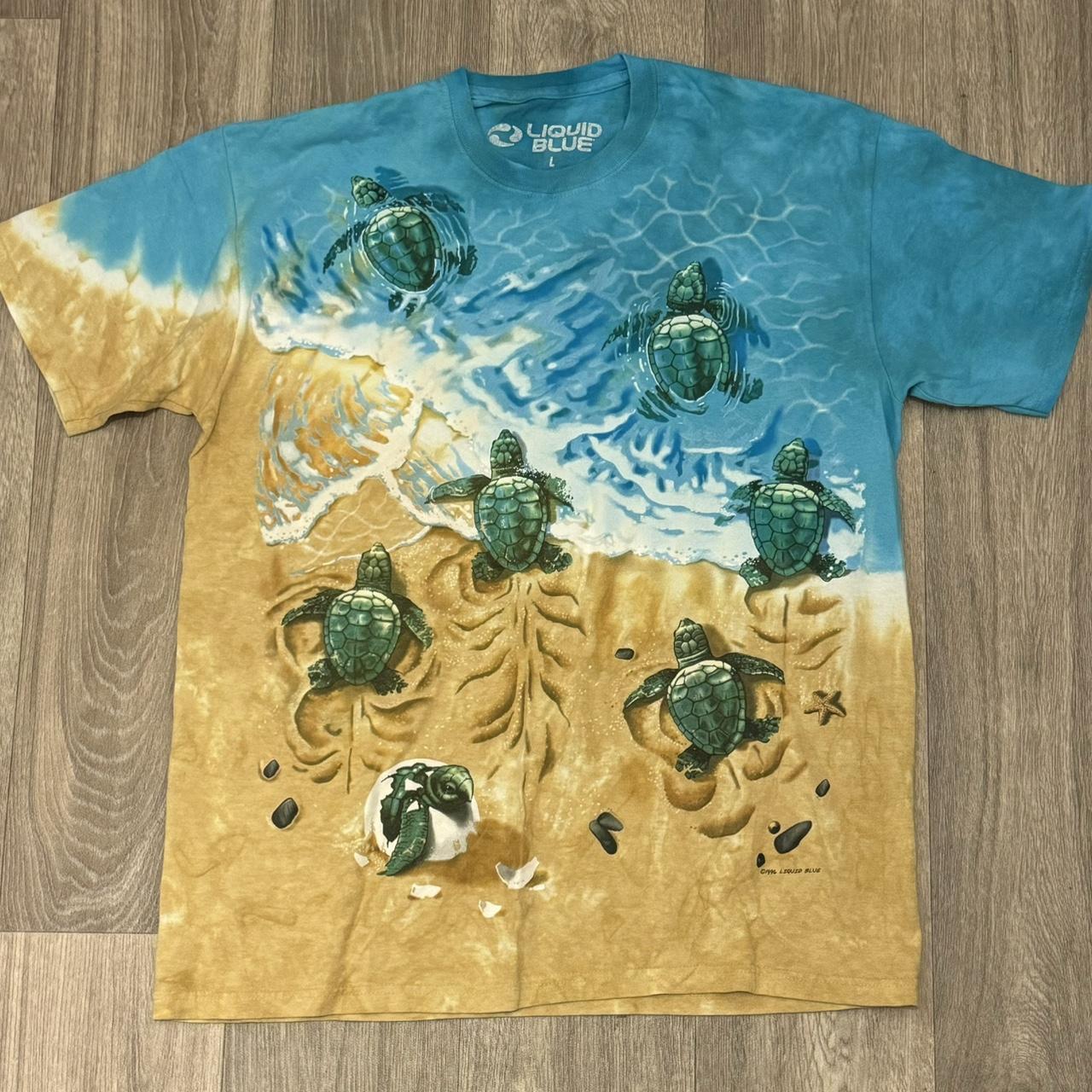 Vintage 1996 AOP Liquid Blue Sea Turtles Shirt In... - Depop