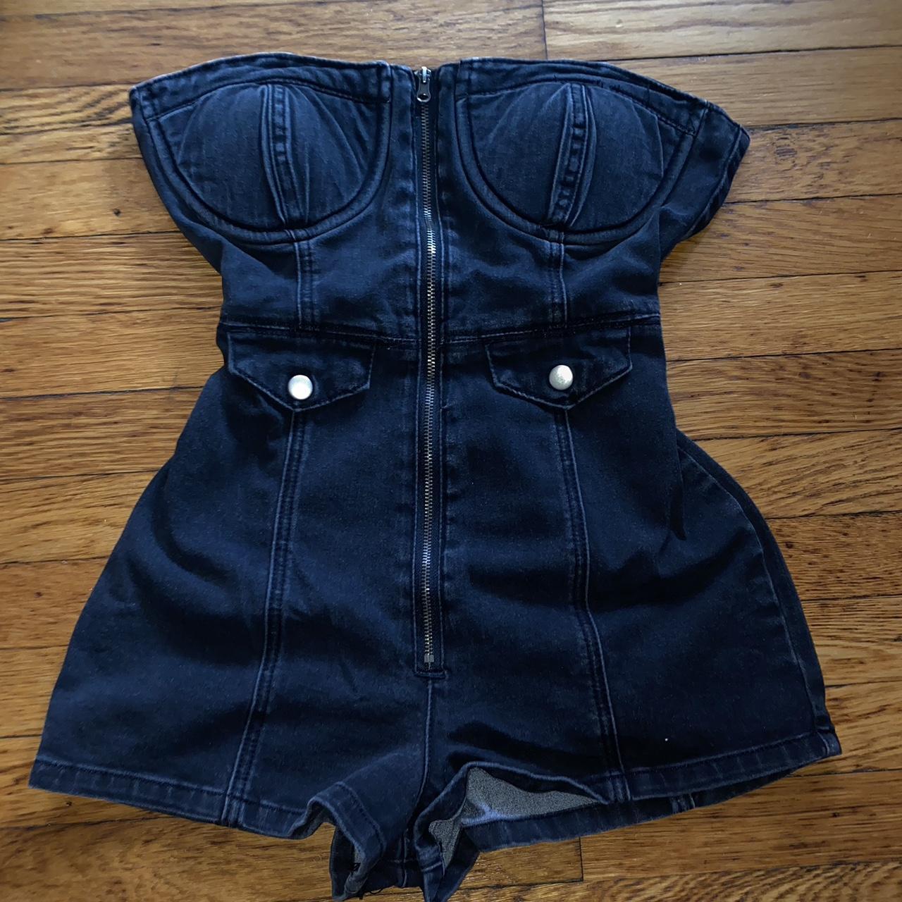 Madeline & Monroe Zip-up Denim Bustier Romper... - Depop