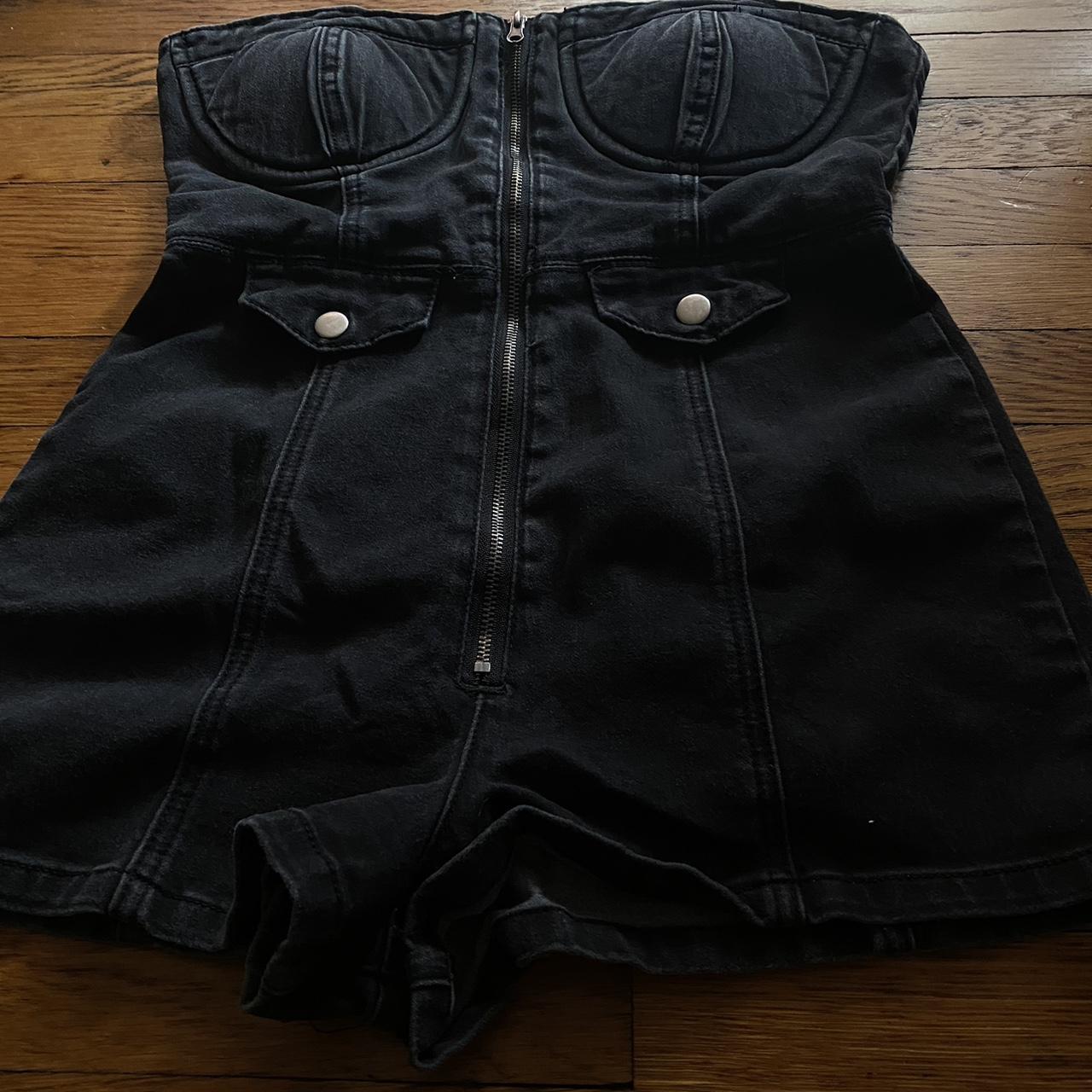 Madeline & Monroe Zip-up Denim Bustier Romper... - Depop