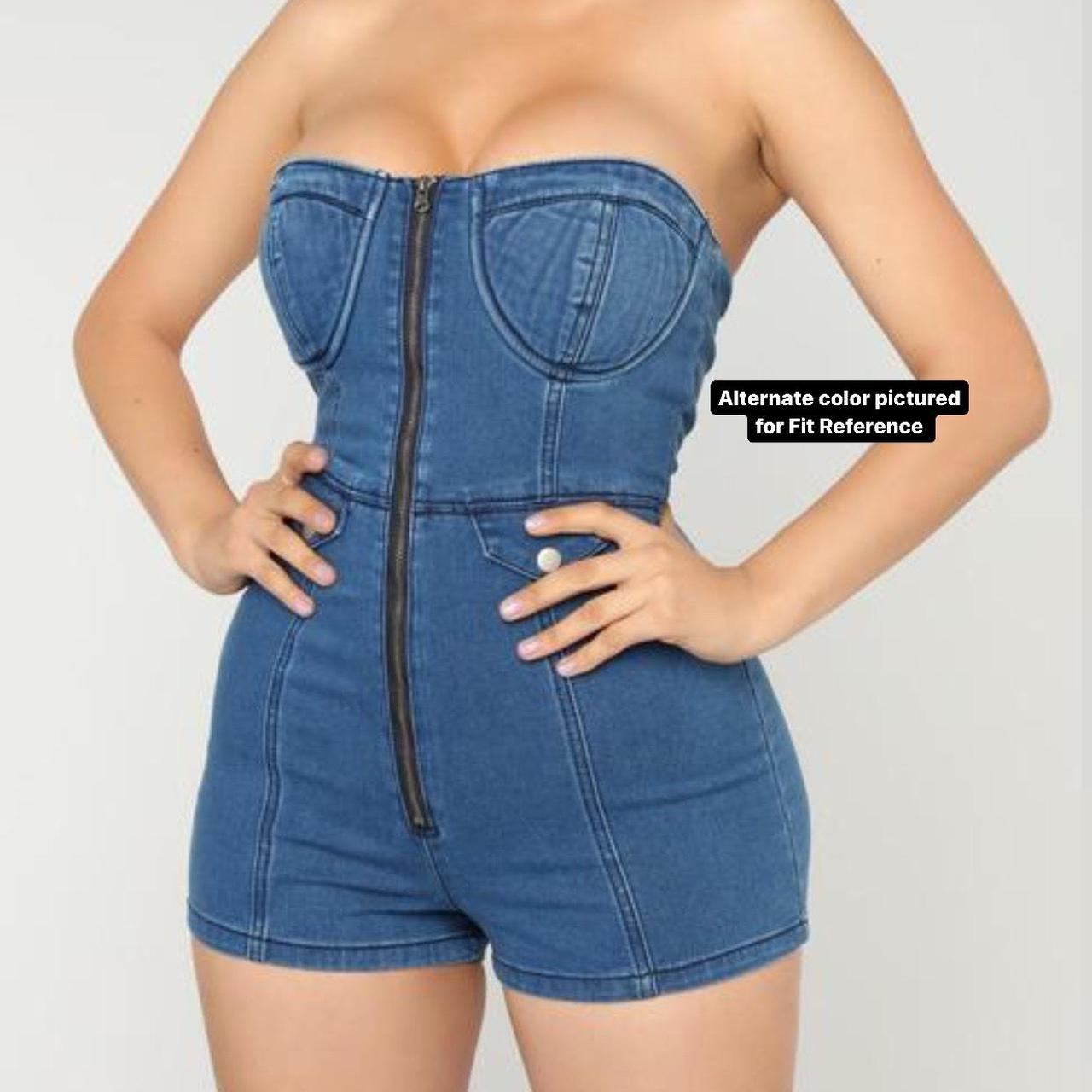 Madeline & Monroe Zip-up Denim Bustier Romper... - Depop