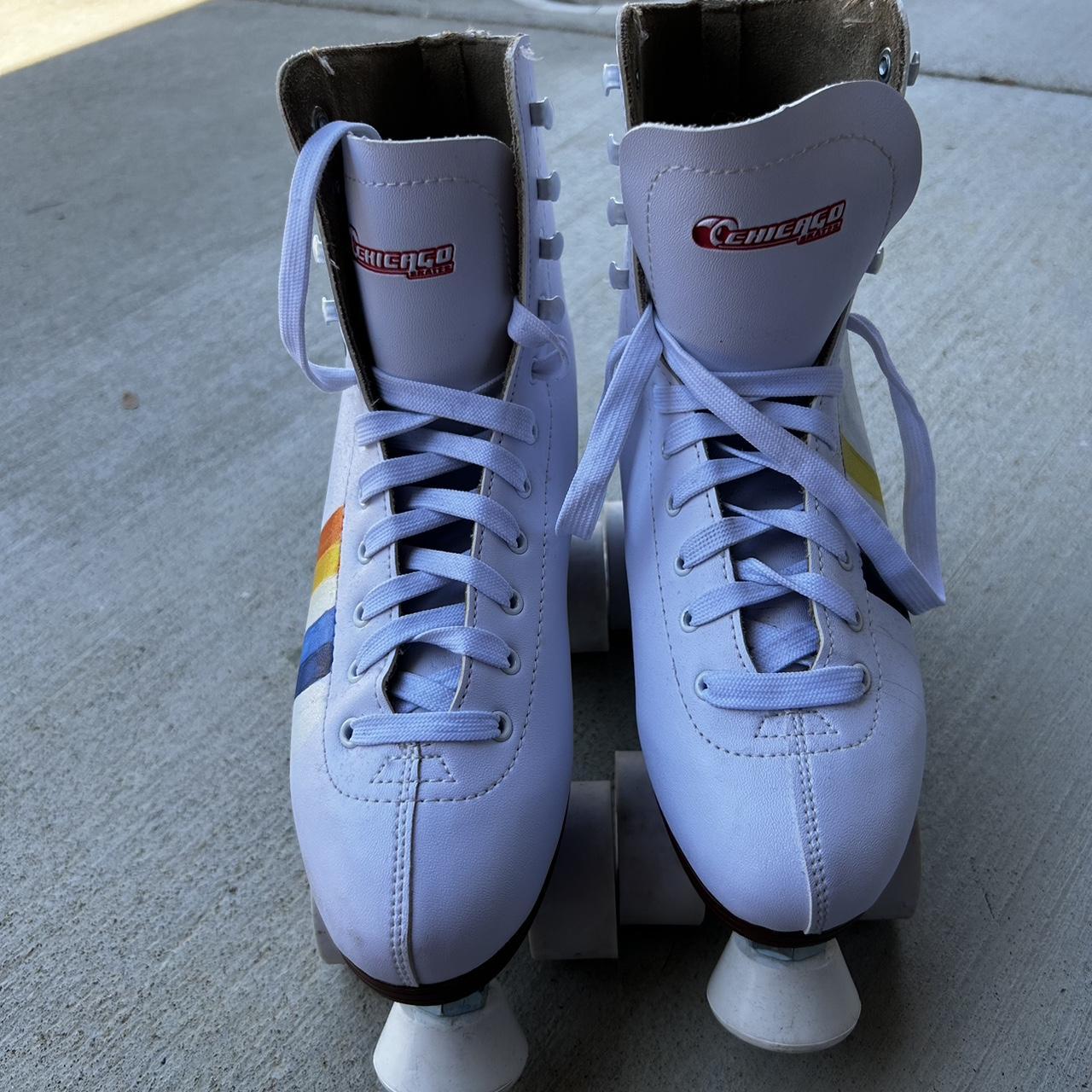 white roller skates with non-binary and aroace pride... - Depop