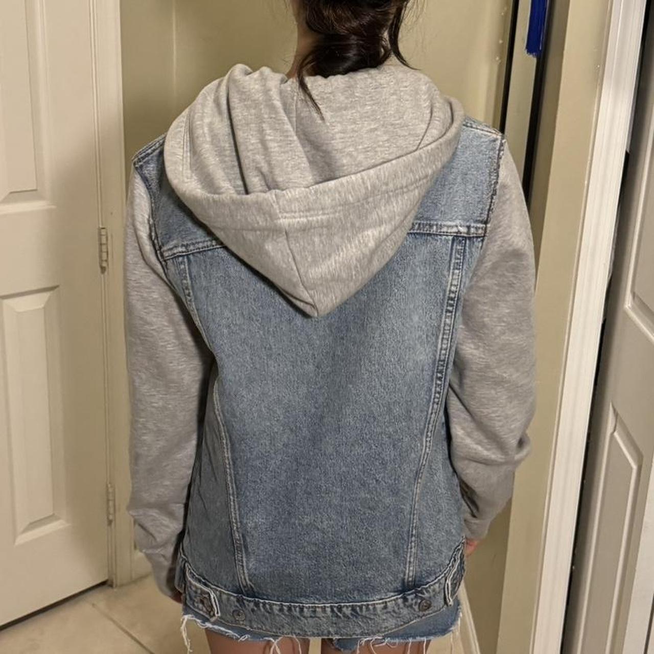 Blue and grey denim jacket with cotton sleeves and... - Depop