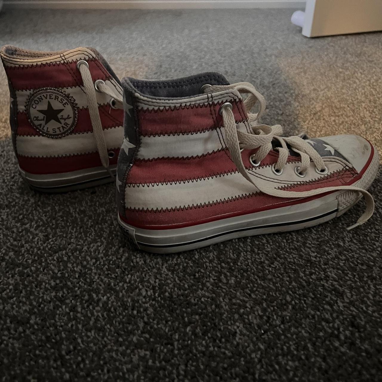 Red and white Converse trainers in women’s size US... | Depop