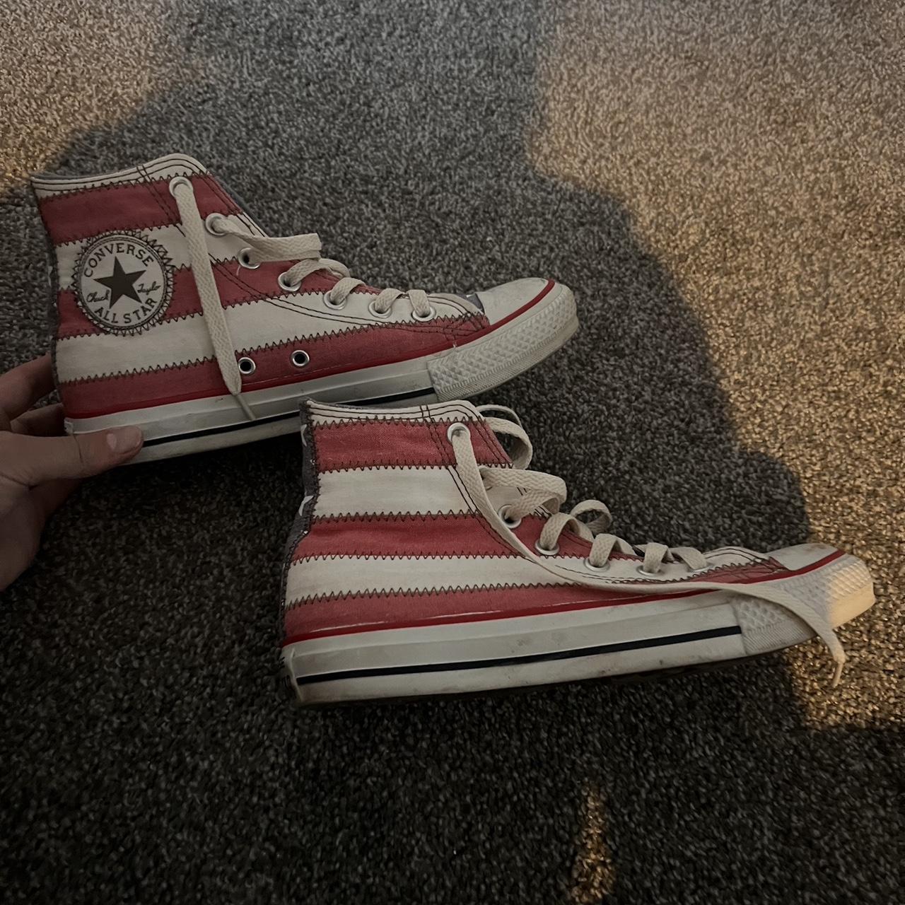 Red and white Converse trainers in women’s size US... | Depop