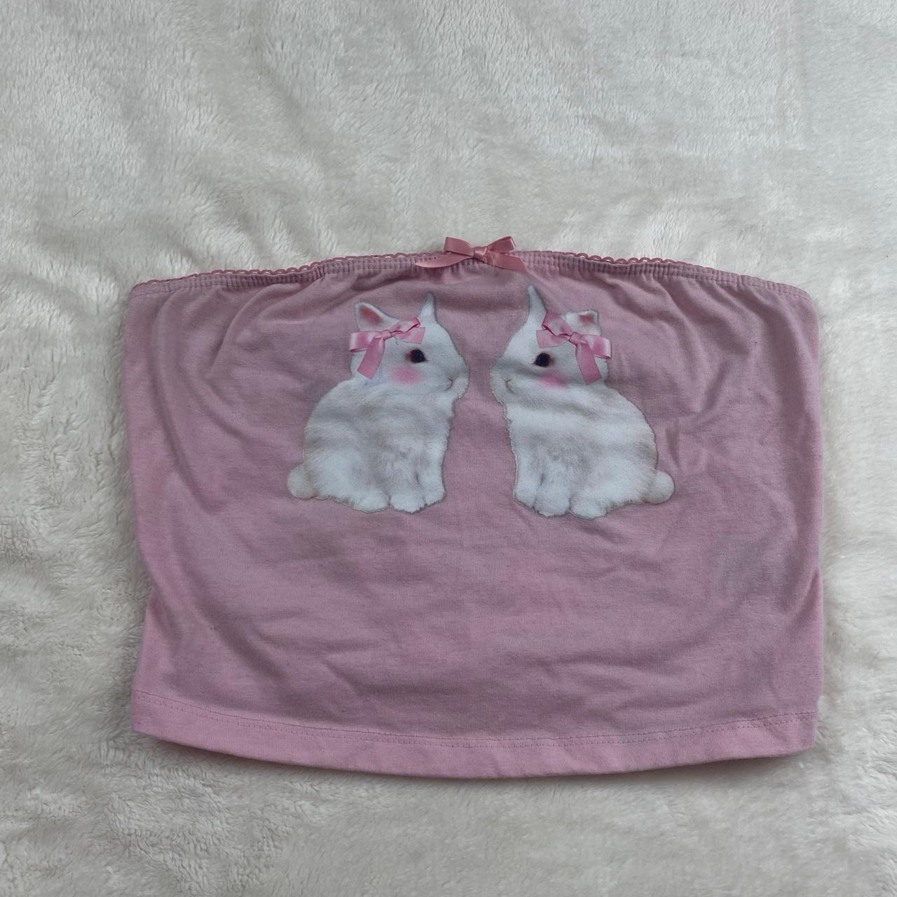 Pink and white bunny print tube top with lace trim... | Depop