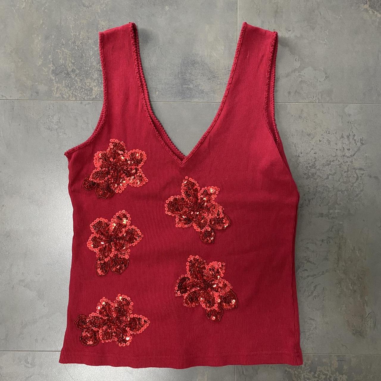 V neck vintage red sequinned top European... - Depop