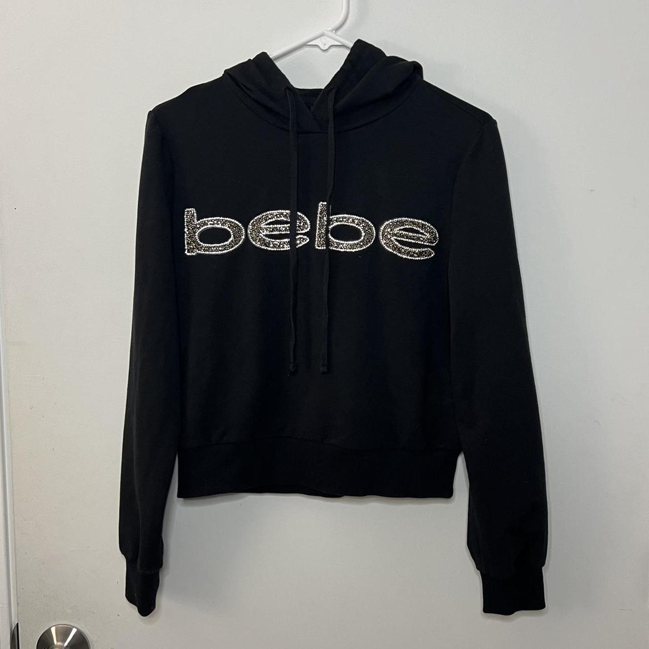 Bebe Black Cropped Hoodie with Rhinestones on logo -... - Depop