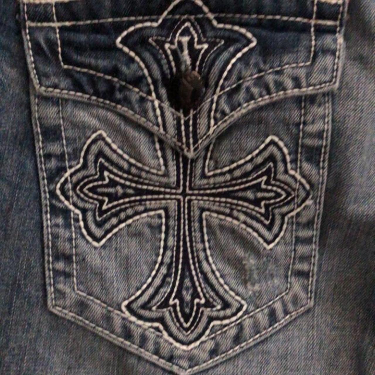 Y2K Decree Jeans Distressed/Ripped Cross Embroidery... - Depop