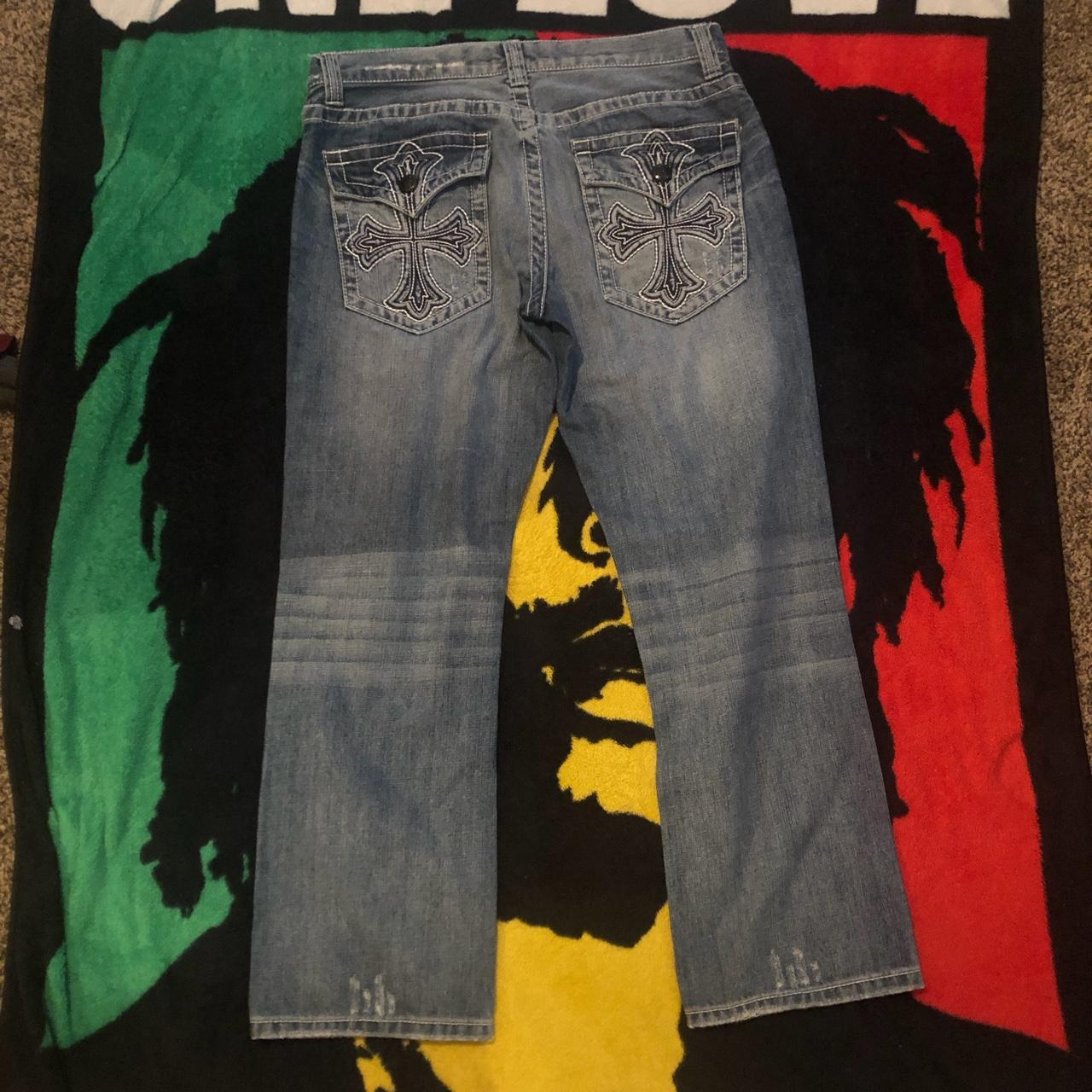 Y2K Decree Jeans Distressed/Ripped Cross Embroidery... - Depop