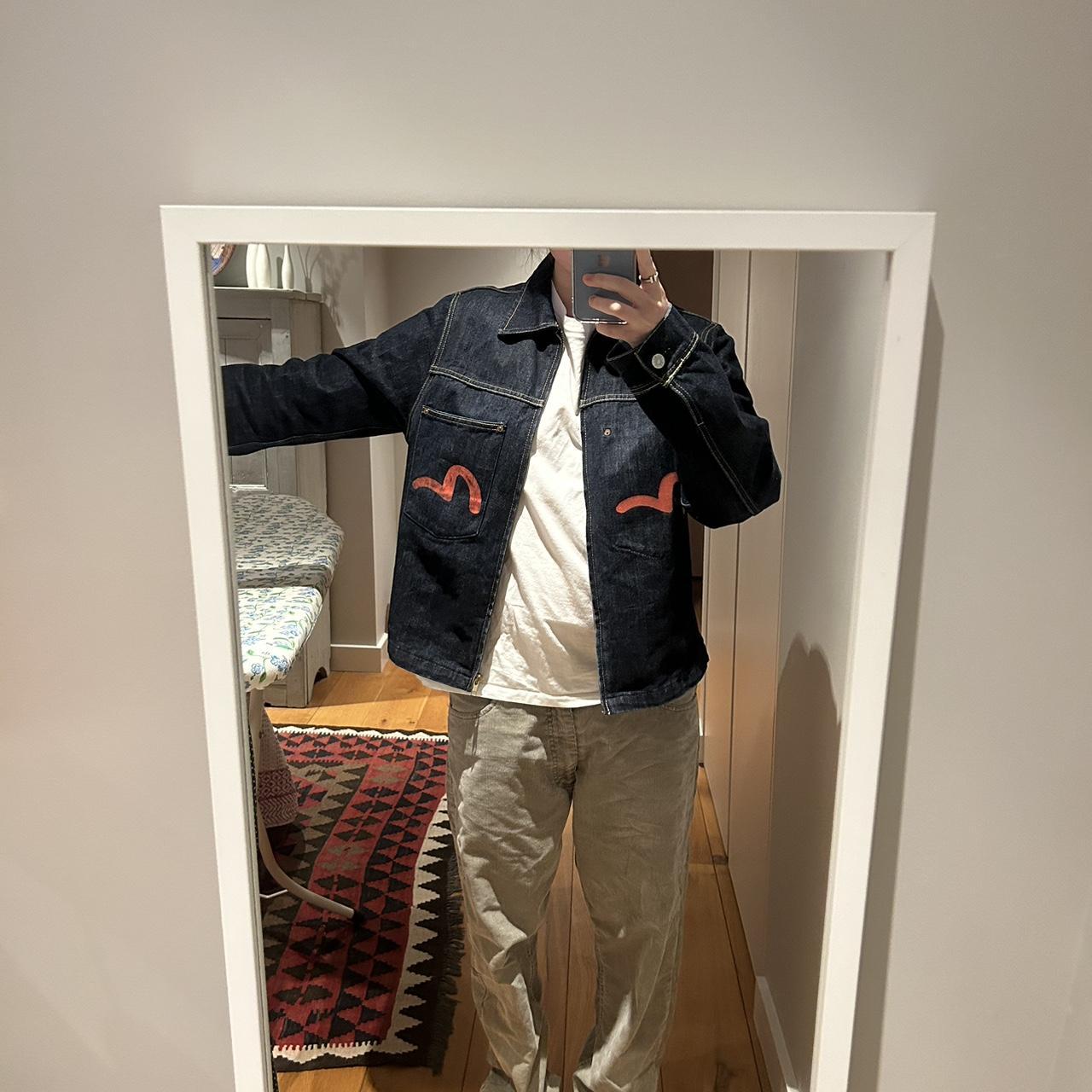 Sickest vintage dark denim evisu jacket with red... - Depop