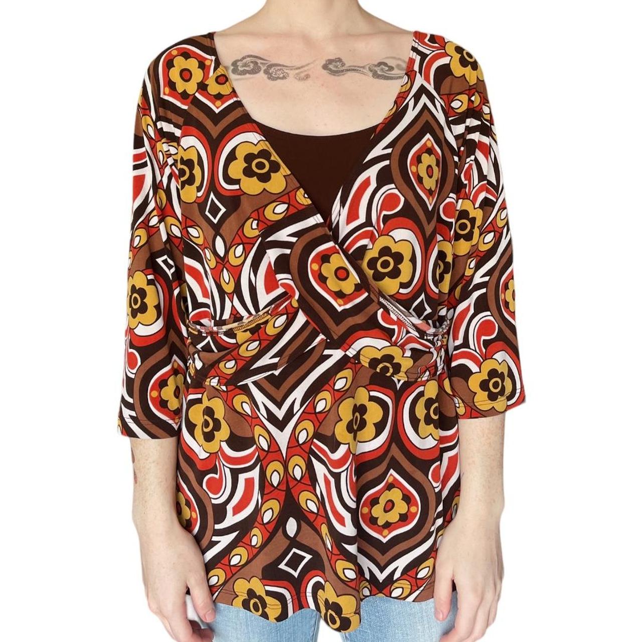 90's Boho Hippie Top 90's vintage brown orange and... - Depop