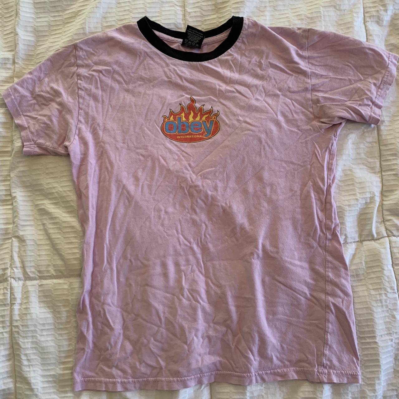 Obey pink fire logo tee Really soft 100%... - Depop
