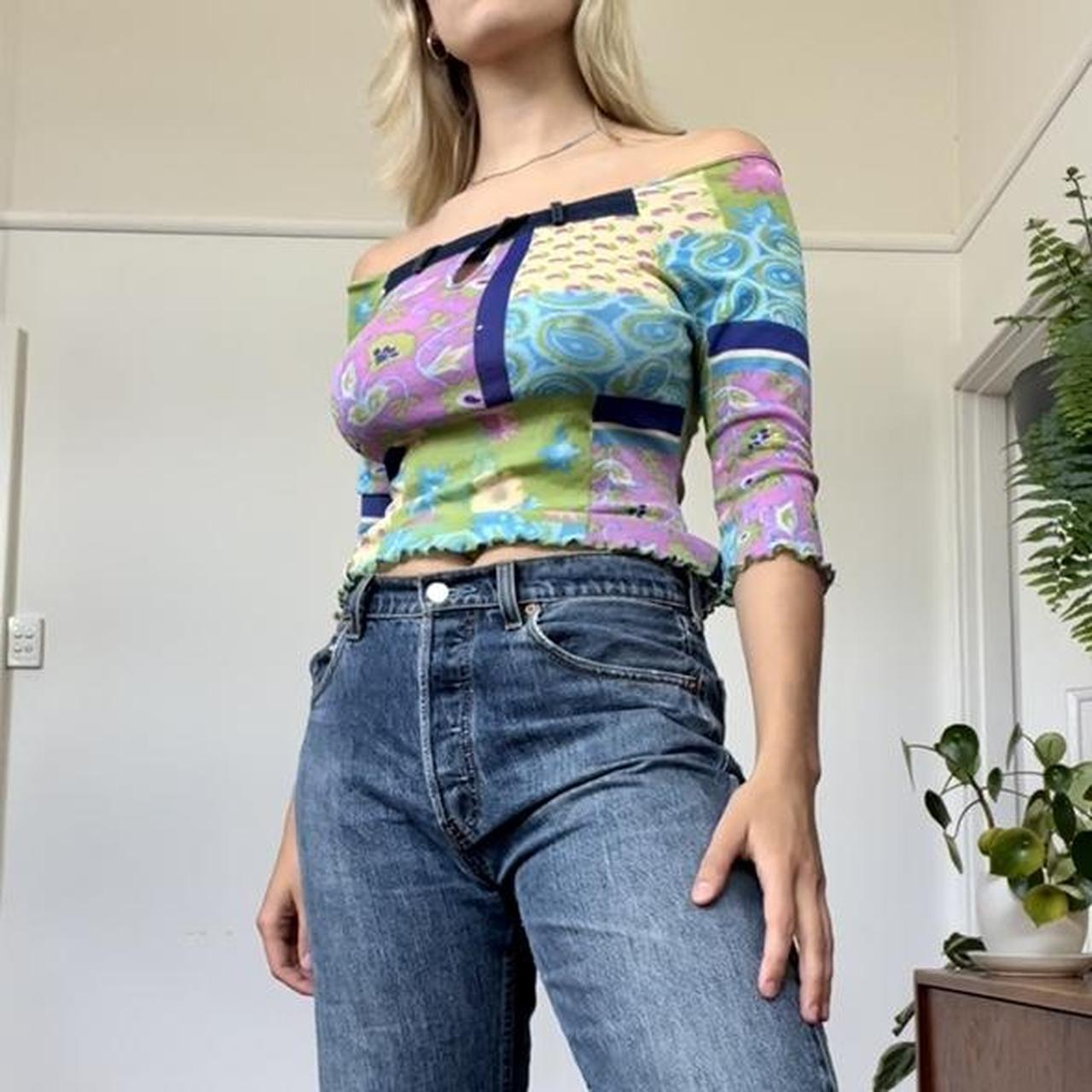 Incredible Off the Shoulder Y2K Patchwork Stretchy... - Depop