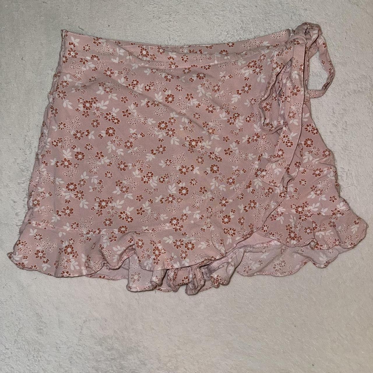 Pink floral wrap skirt with tie - Depop