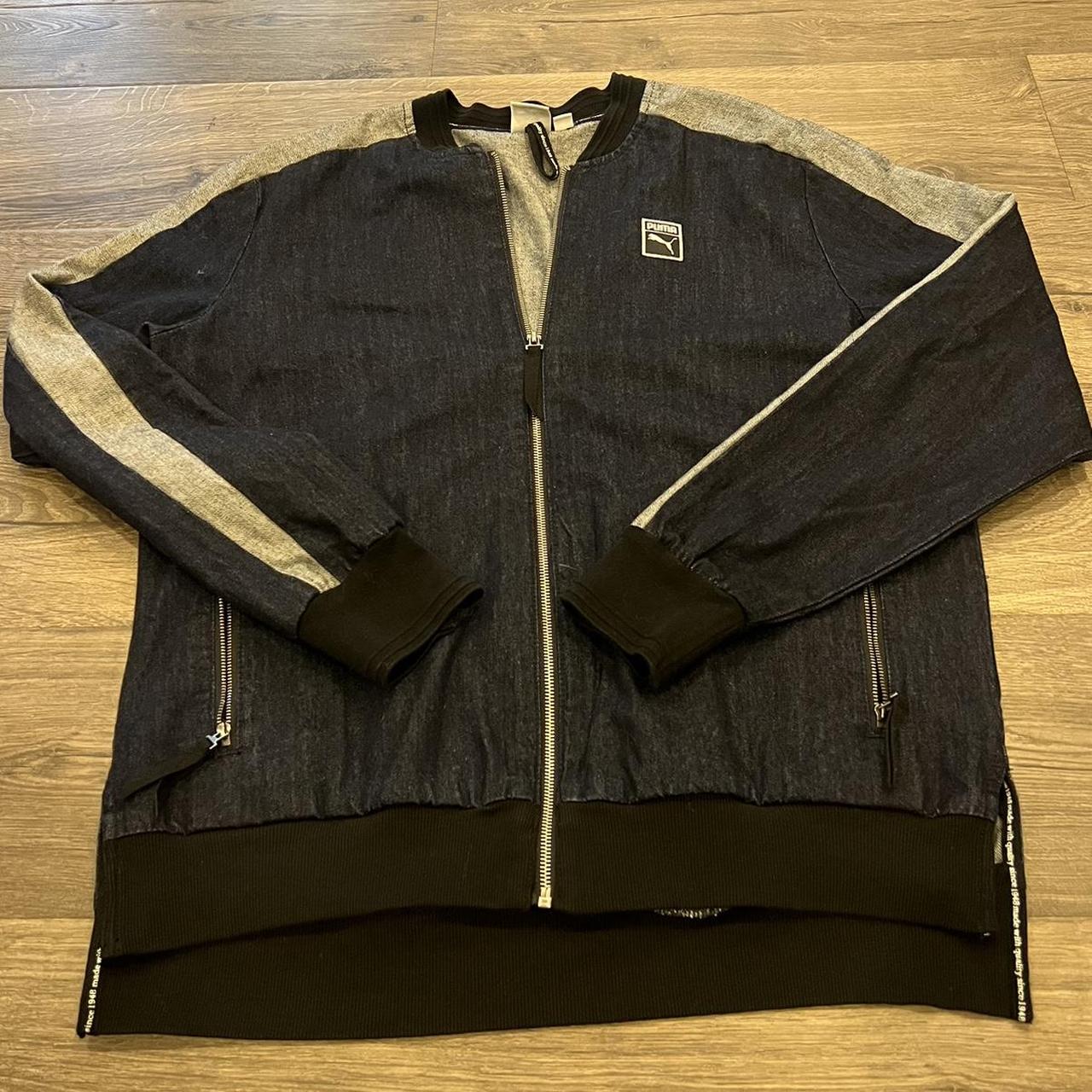 Puma navy blue denim bomber track jacket with... | Depop