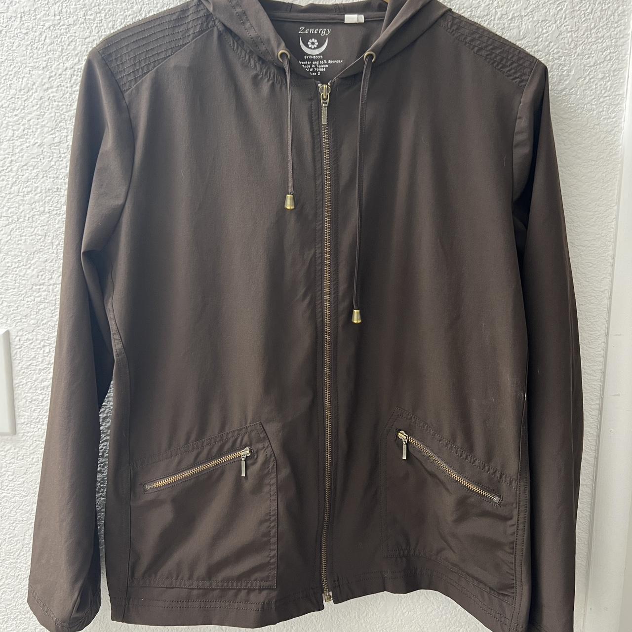 brown polyester jacket fits like a small msg ab... - Depop