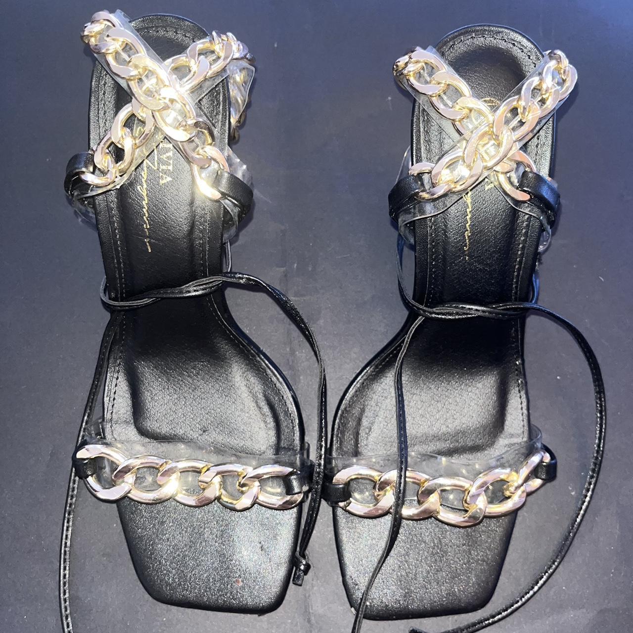 Black and gold chain heels - Depop