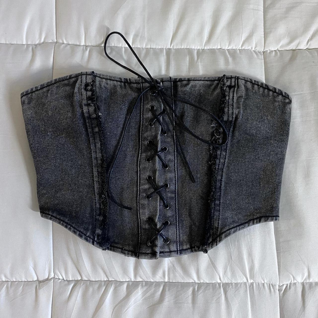black denim corset ⋆୨୧˚ ♡ so cute paired with jeans... - Depop