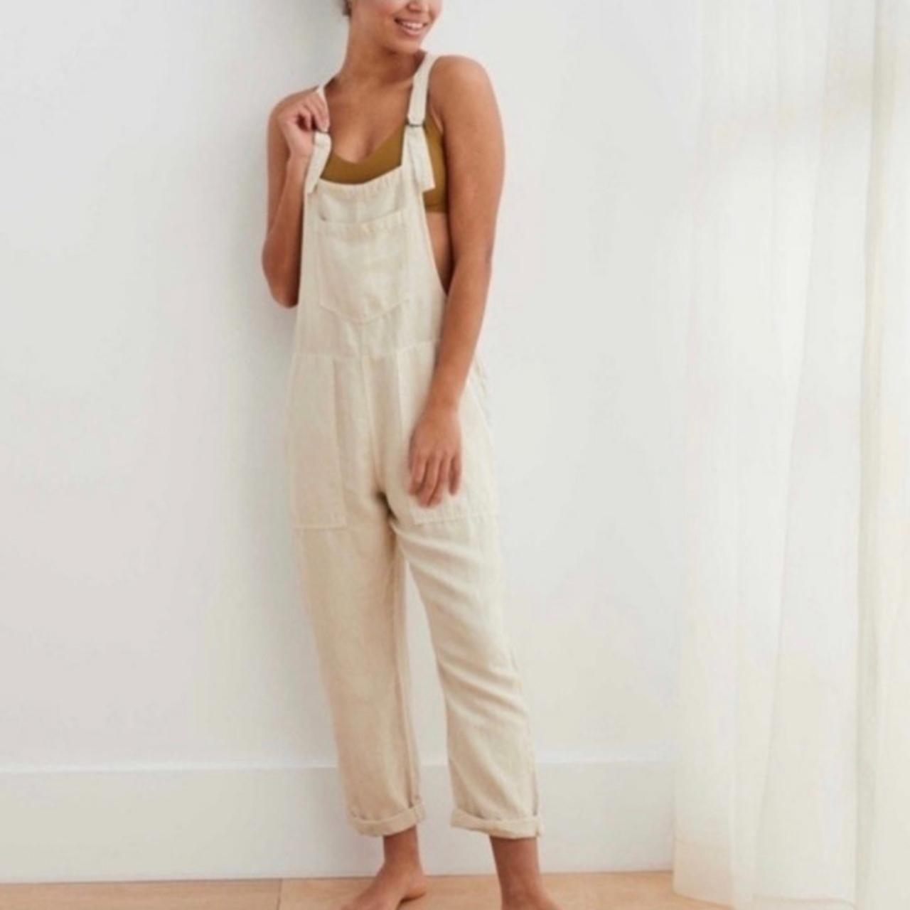 Aerie Cream Linen Overalls Womens Large... - Depop