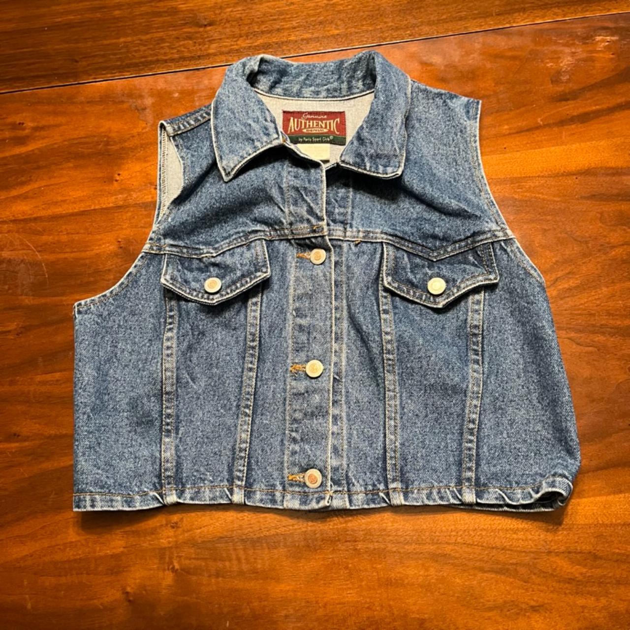Vintage Cropped Jean Vest Womens Large Dark wash... - Depop
