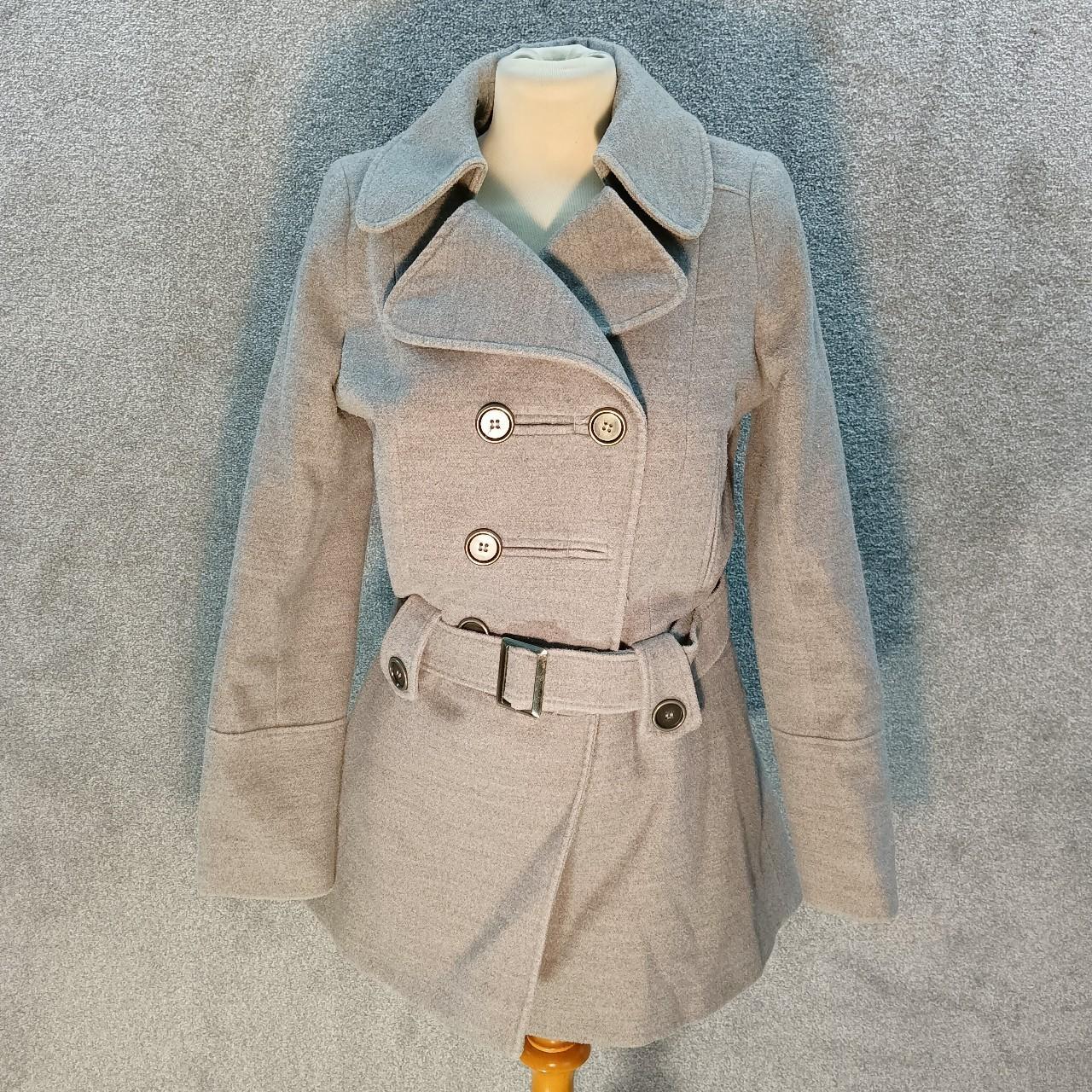 BE BEAU GREY BELTED WOOL COAT TRENCH BUTTON UP... - Depop
