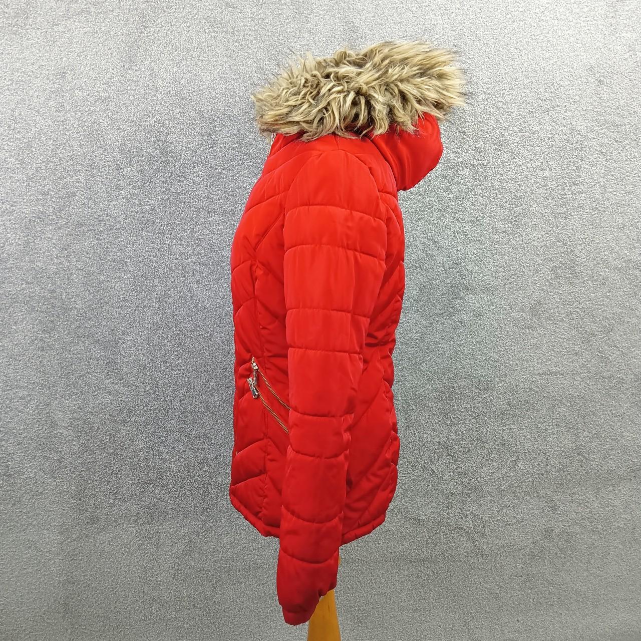 F&F RED PUFFER JACKET FAUX FUX HOOD PADDED COAT GOLD... - Depop