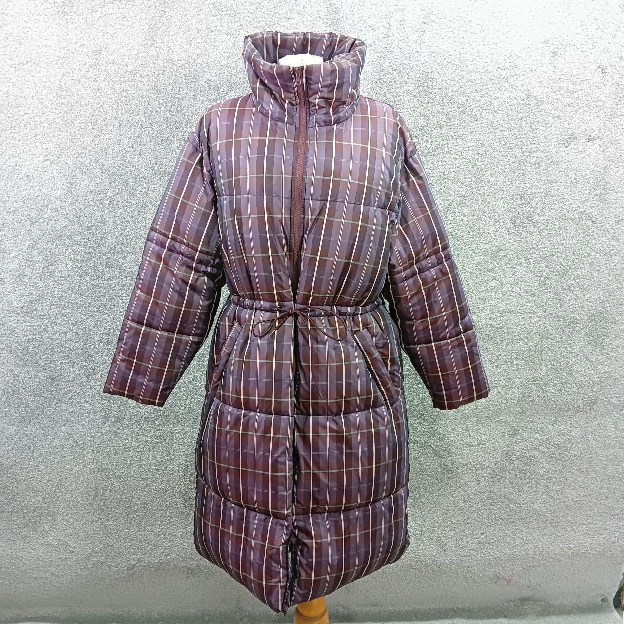 ASOS PURPLE CHECK LONGLINE PUFFER COAT TIE WAIST... - Depop