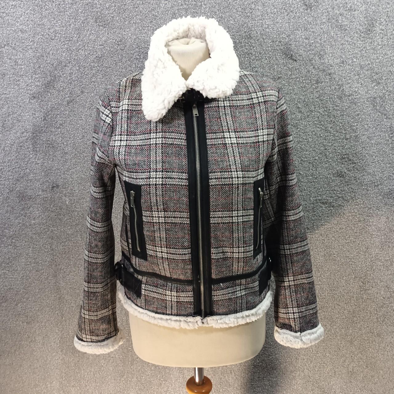GREY RED CHECKERED JACKET BORG THICK LINED WOOLY ZIP... - Depop