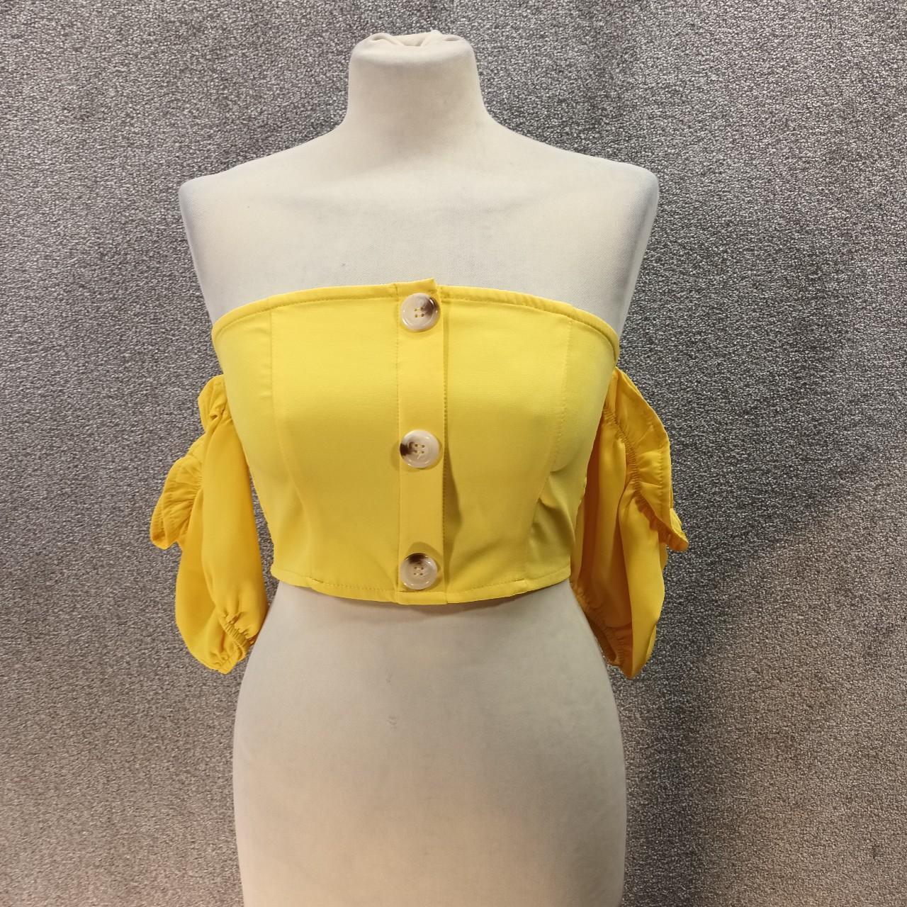 QUIZ YELLOW CROP TOP BUTTON FRONT BARDOT GATHER... - Depop
