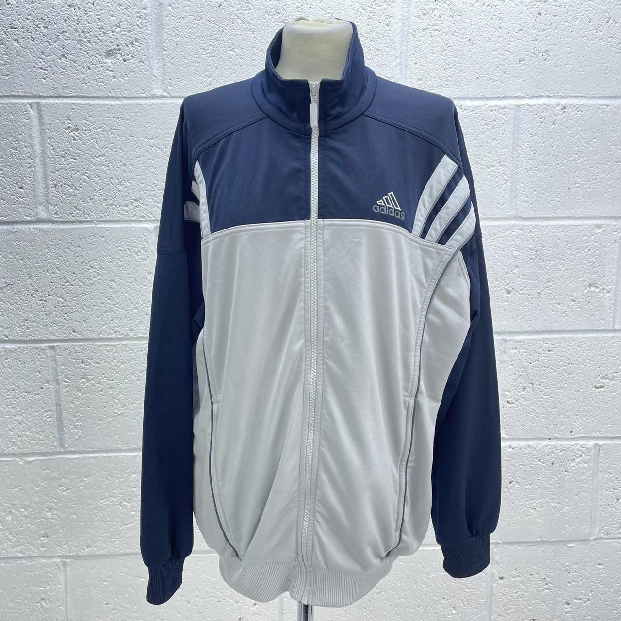 ADIDAS GREY NAVY TRACKSUIT JACKET VINTAGE ZIP UP... - Depop