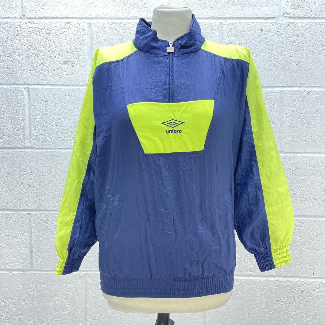 UMBRO VINTAGE SHELL JACKET NAVY NEON GREEN HALF ZIP... - Depop