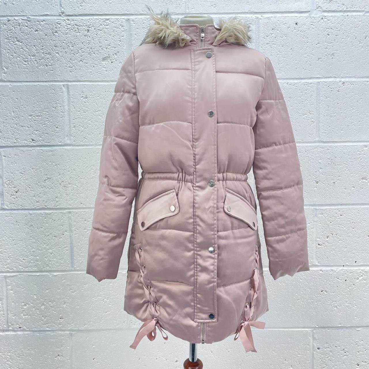 PINK SATIN LONG COAT PUFFER PADDED LONG RIBBON KNOT... - Depop