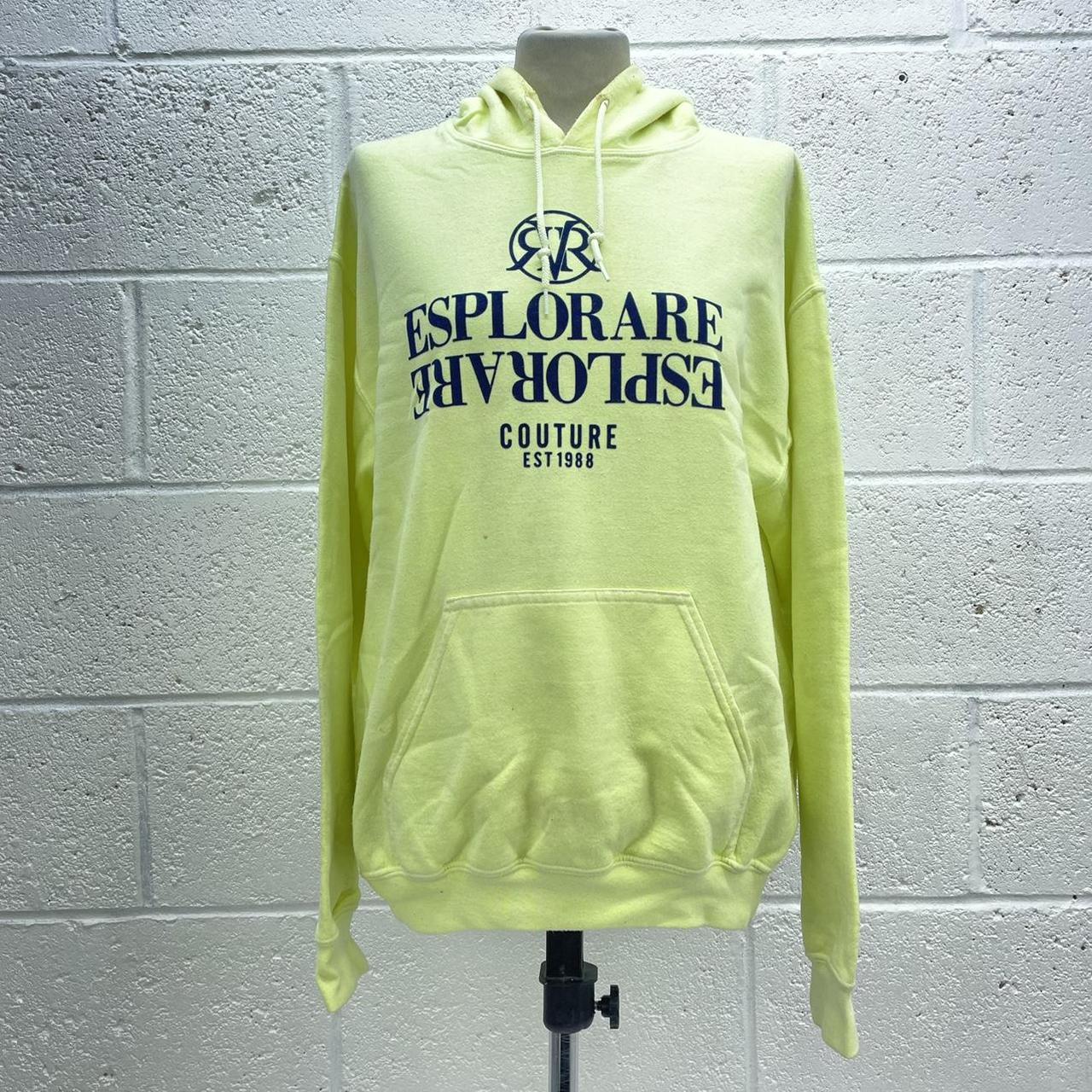 VINTAGE PALE YELLOW OVERSIZED HOODIE PRINT JUMPER... - Depop