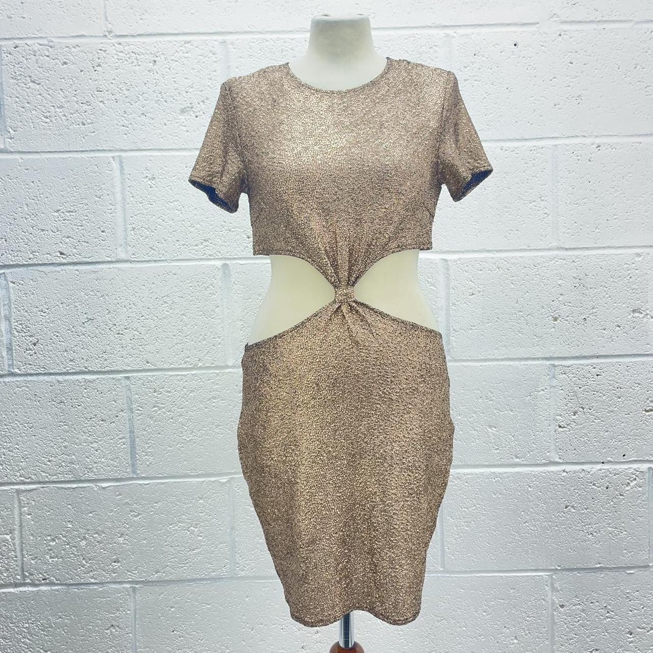 MISSGUIDED GOLD METALLIC MINI DRESS CUT OUT SHIRT... - Depop