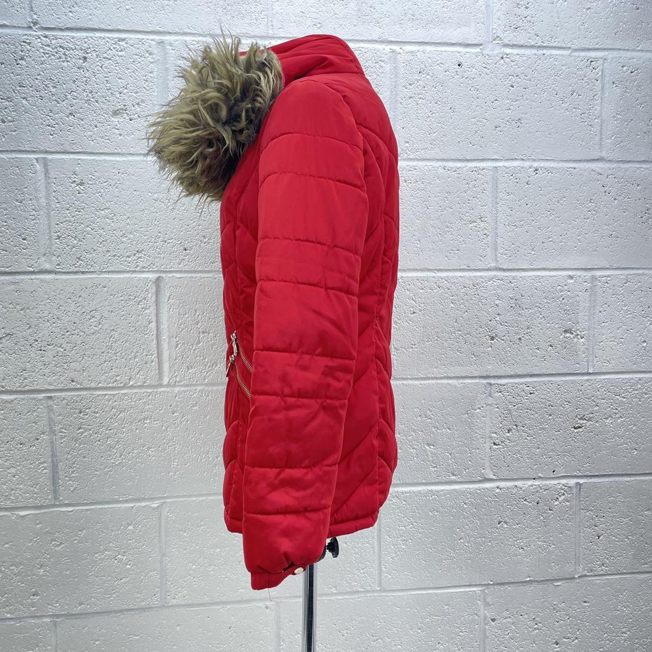 F&F RED PUFFER JACKET FAUX FUX HOOD PADDED COAT GOLD... - Depop
