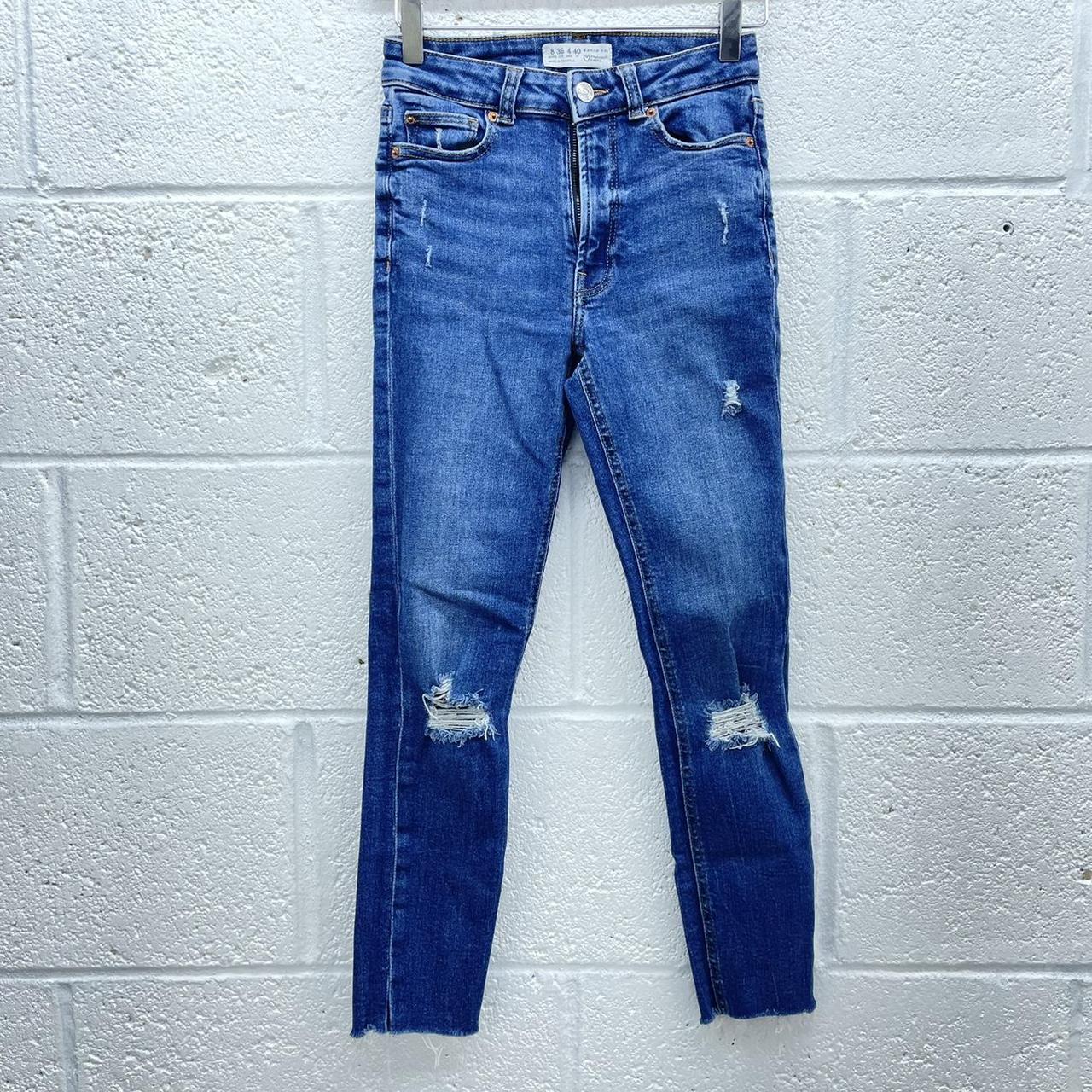 BLUE DENIM RIPPED SKINNY JEANS HIGH WAIST RAW HEM... - Depop