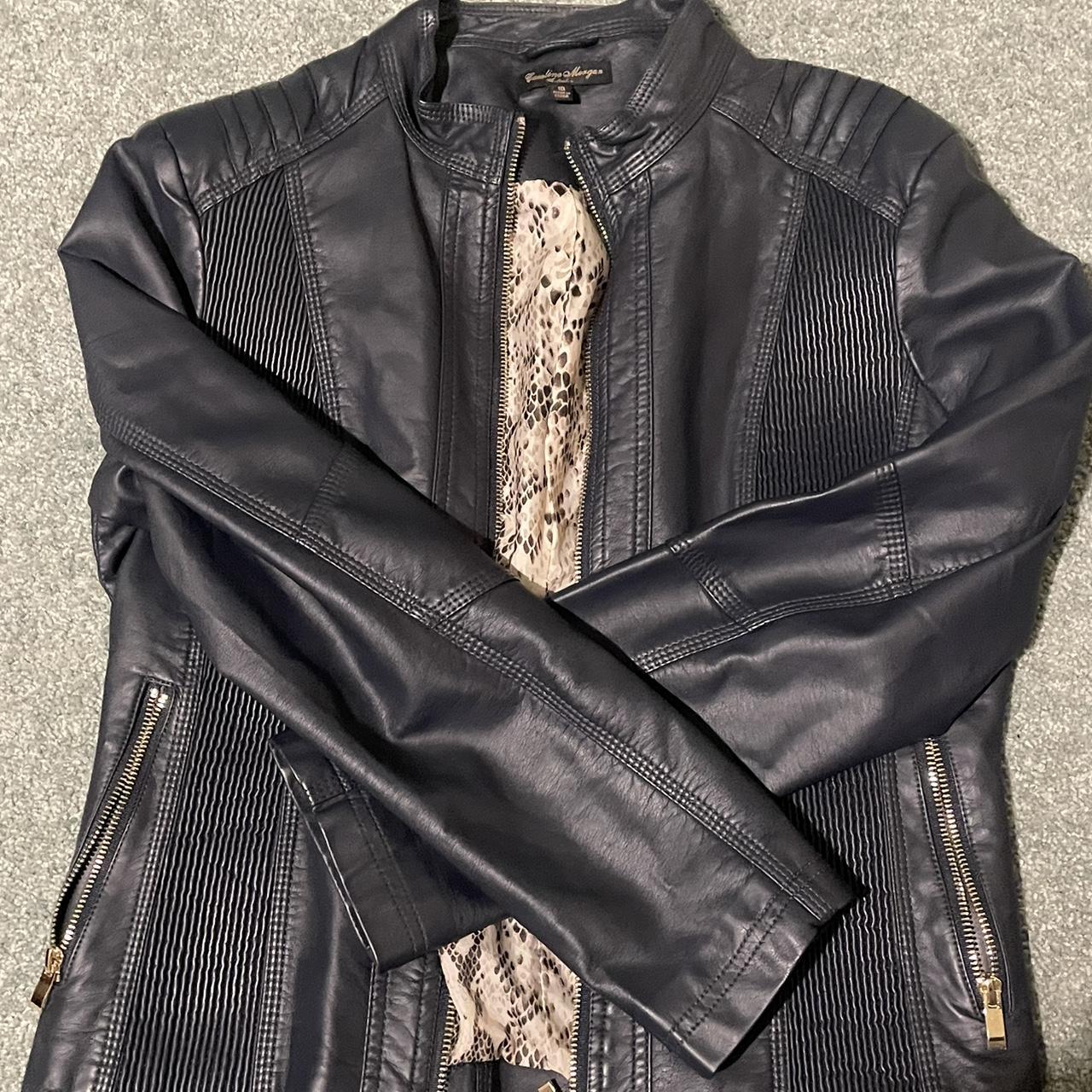 navy blue caroline morgan cropped leather jacket... | Depop