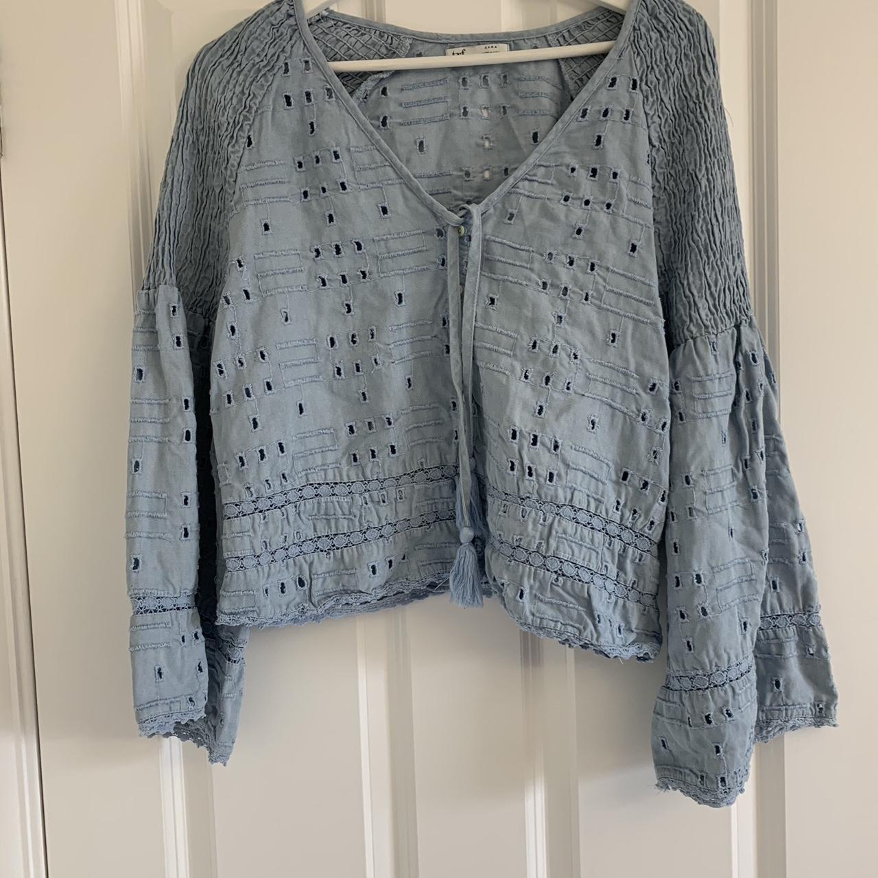 Zara Bell Sleeve cut out crochet top blue tassels... - Depop