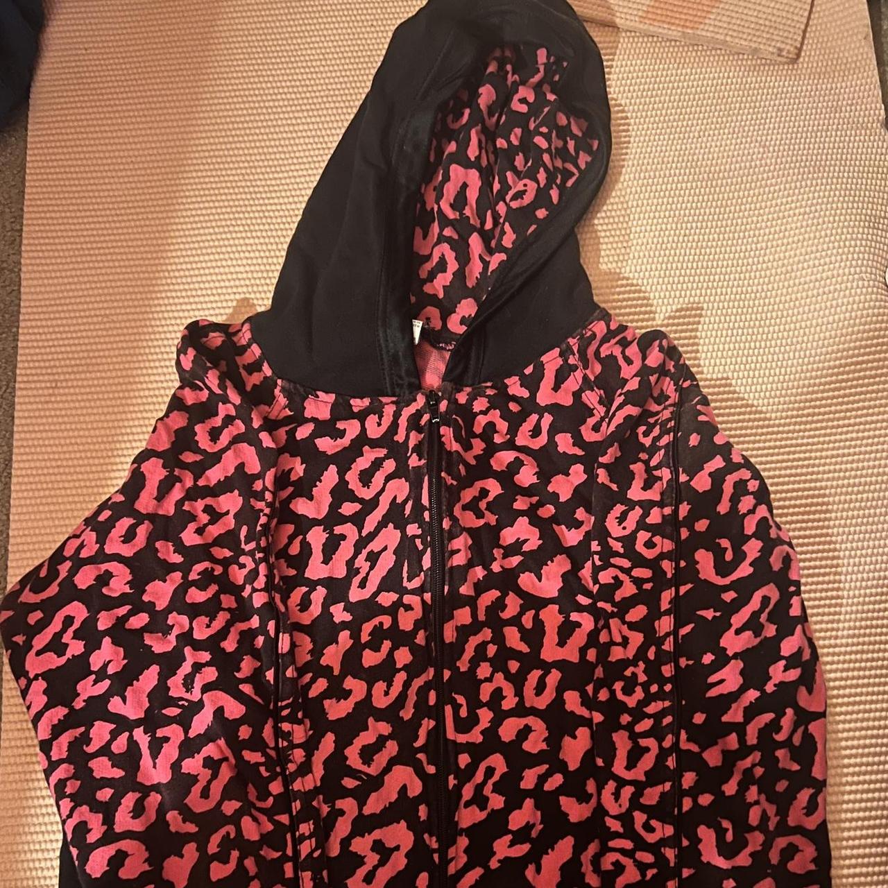 Pink and black leopard print zip up hoodie, says... - Depop
