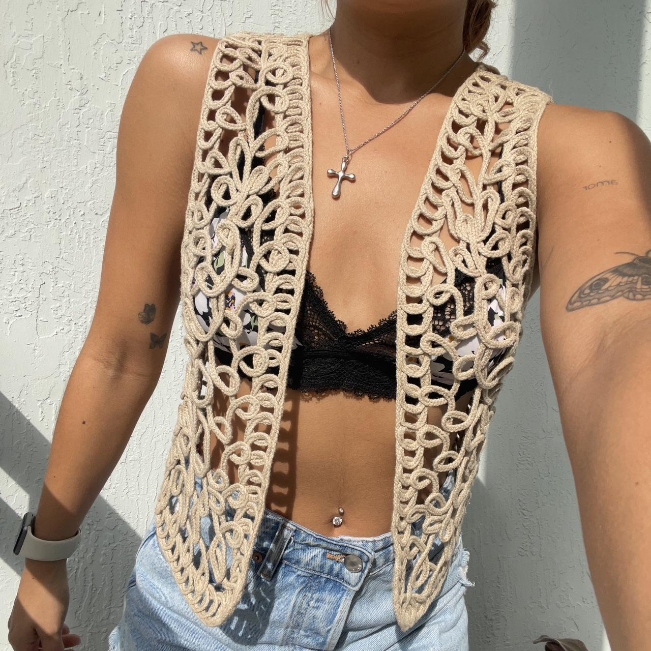 Vintage Y2k crochet knit vest top- open sleeveless... - Depop