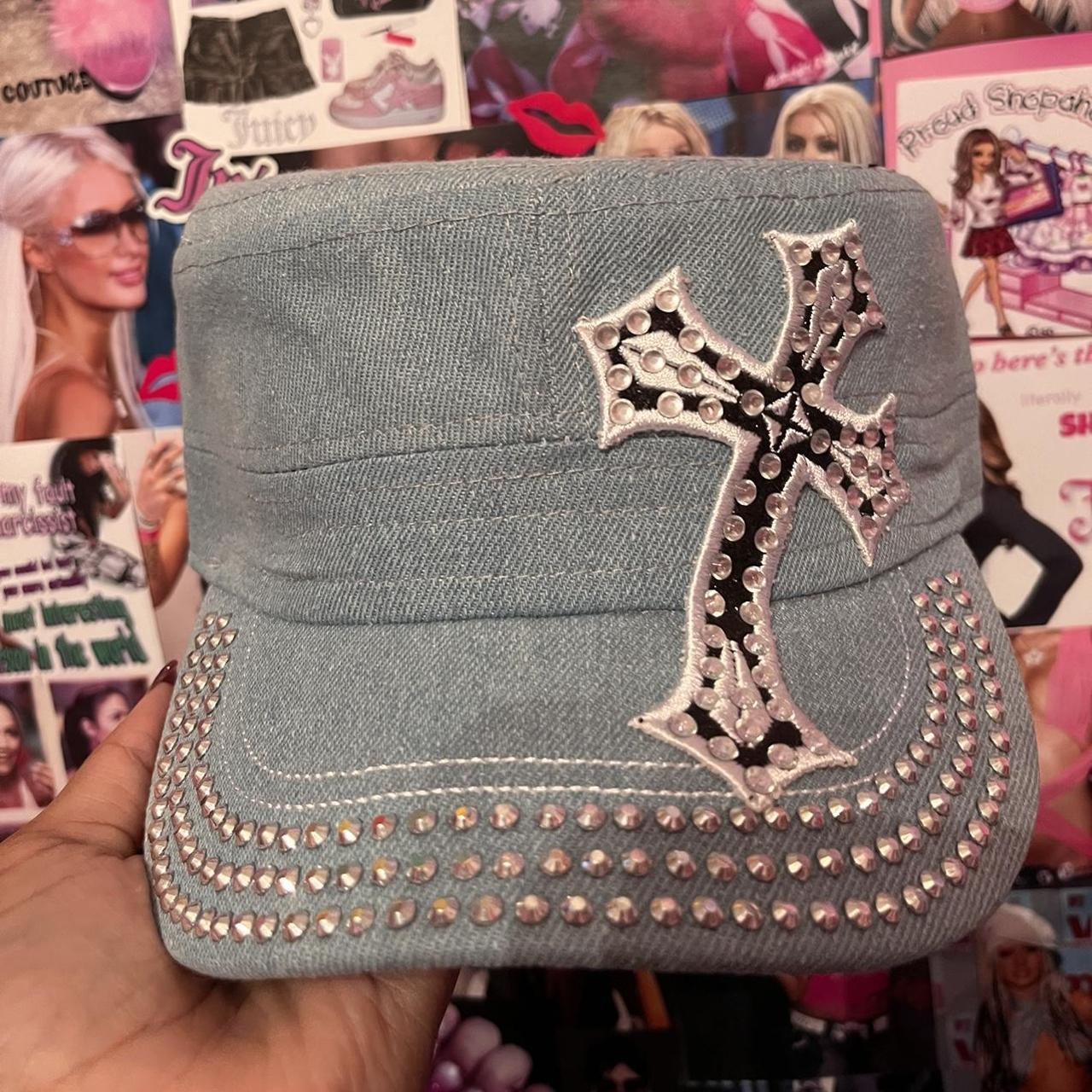 MCBLING 2000s ACID WASH BEDAZZLED GOTHIC CROSS... - Depop