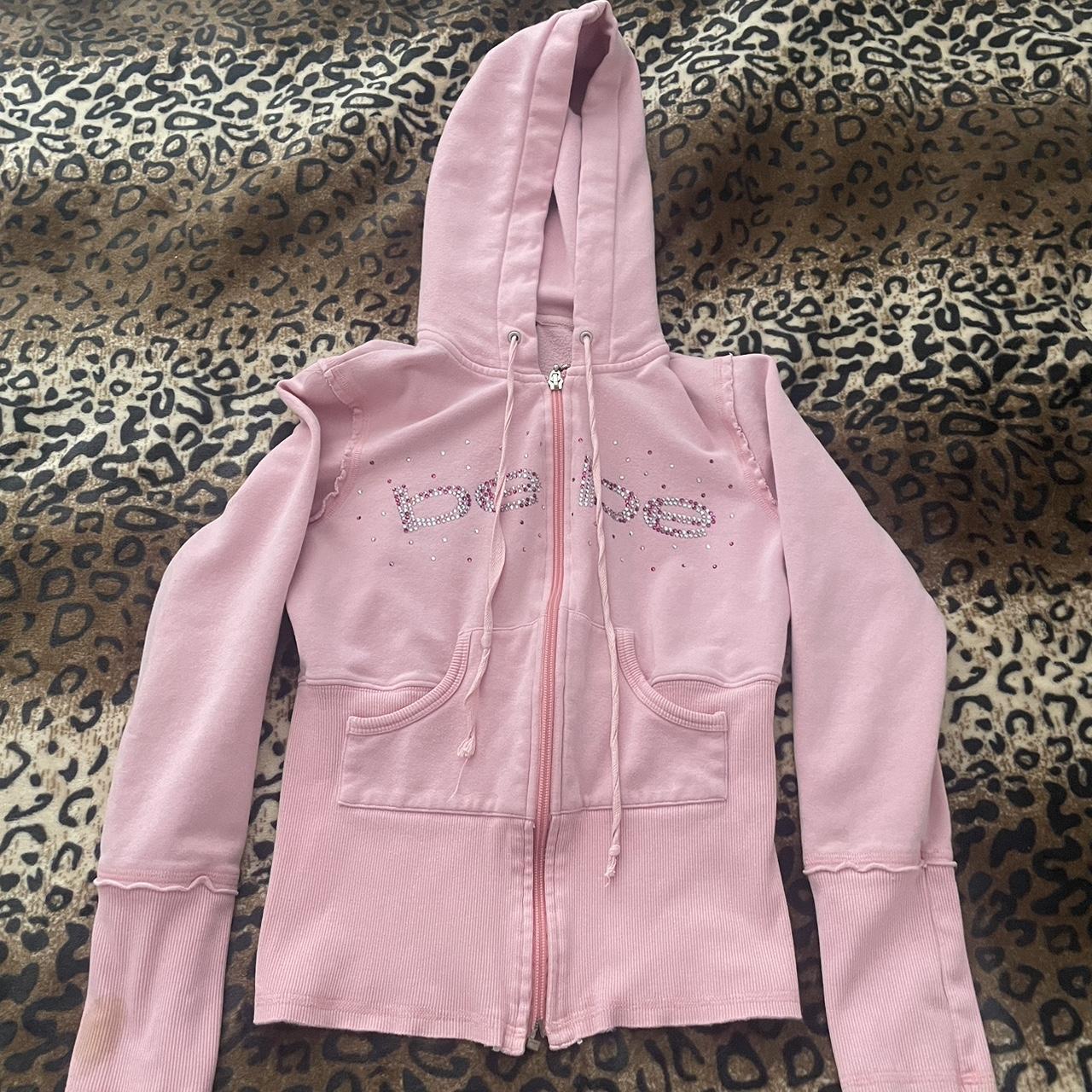 pink bebe zip up hoodie jacket with rhinestones, not... - Depop