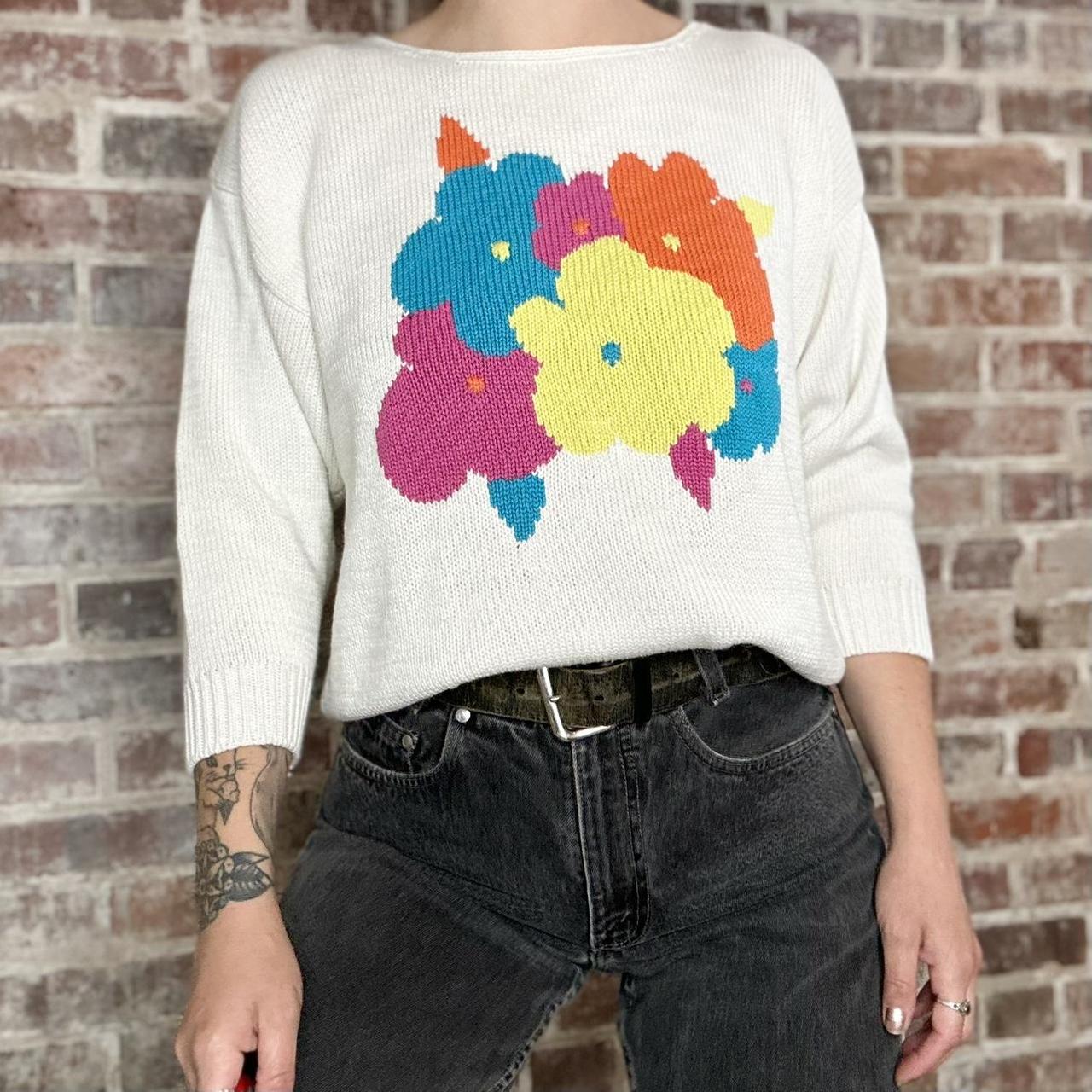 vintage 80s abstract art flower sweater coastal... - Depop