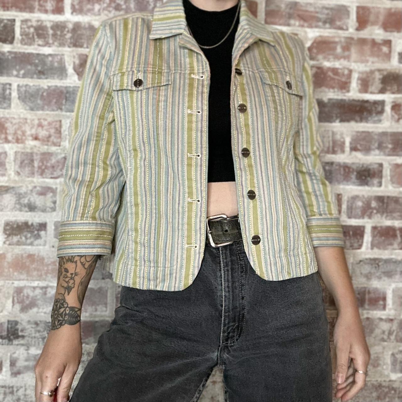 vintage 90s striped denim jacket muted color... - Depop