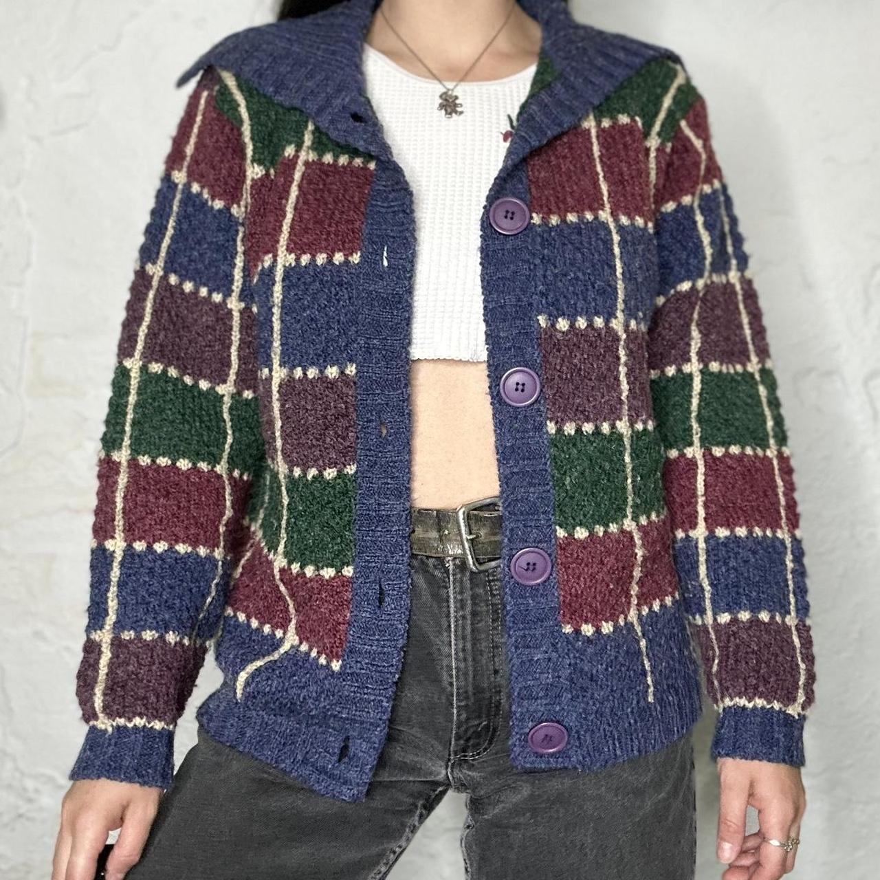 vintage 90s chunky knit sweater colorful square... - Depop