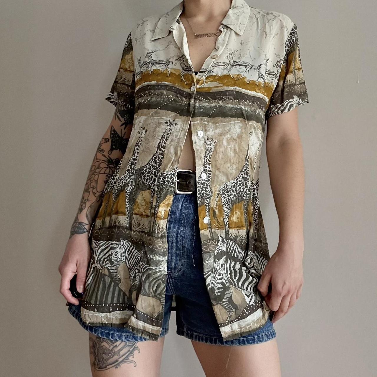 vintage 90s wild animal print button up shirt 100%... | Depop